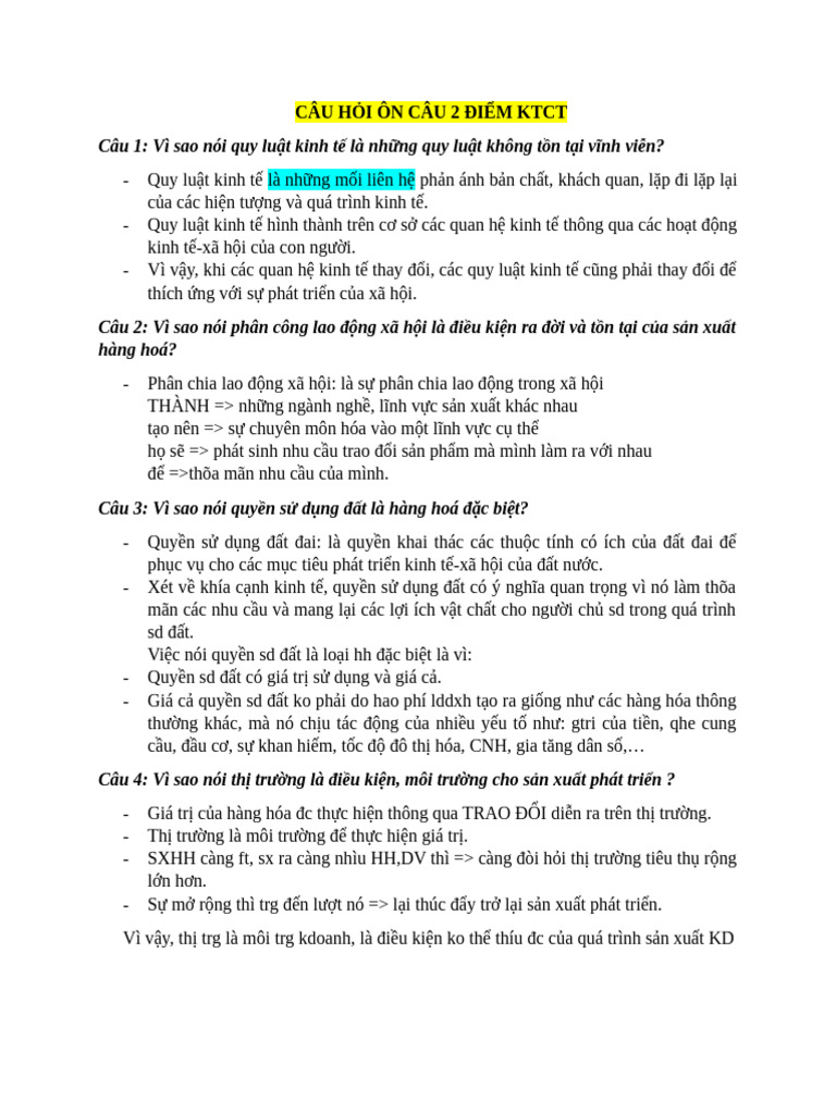 CÂU HỎI ÔN CÂU 2 ĐIỂM KTCT | PDF