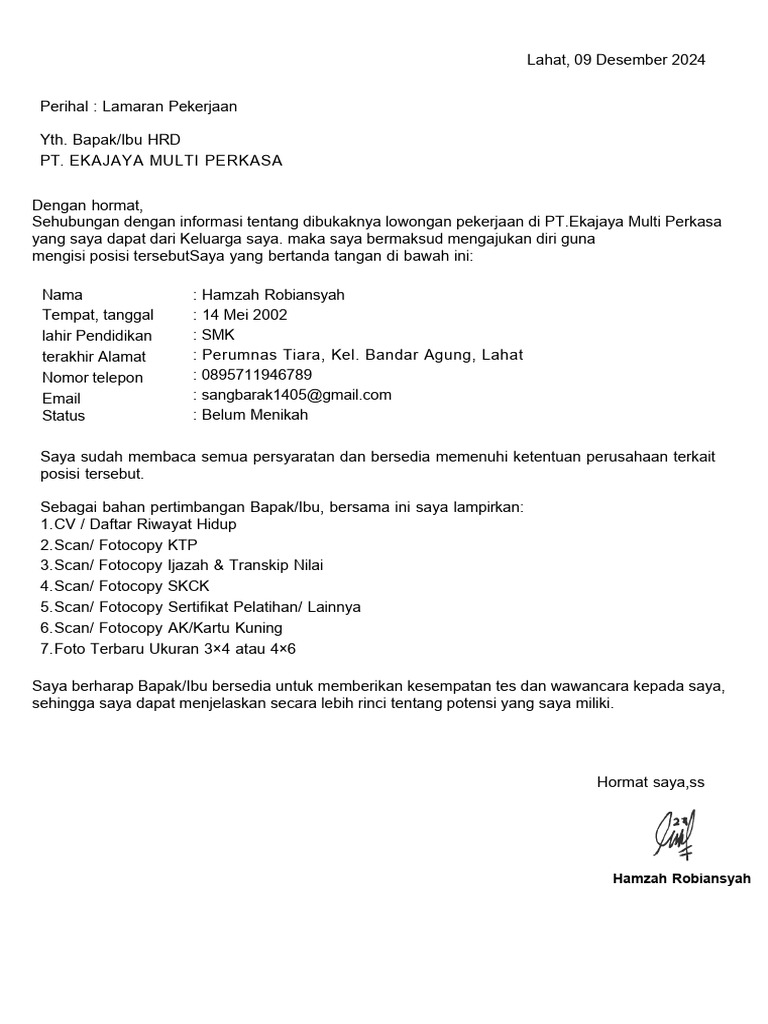 Surat Lamaran Kerja Hamzah Robiansyah | PDF