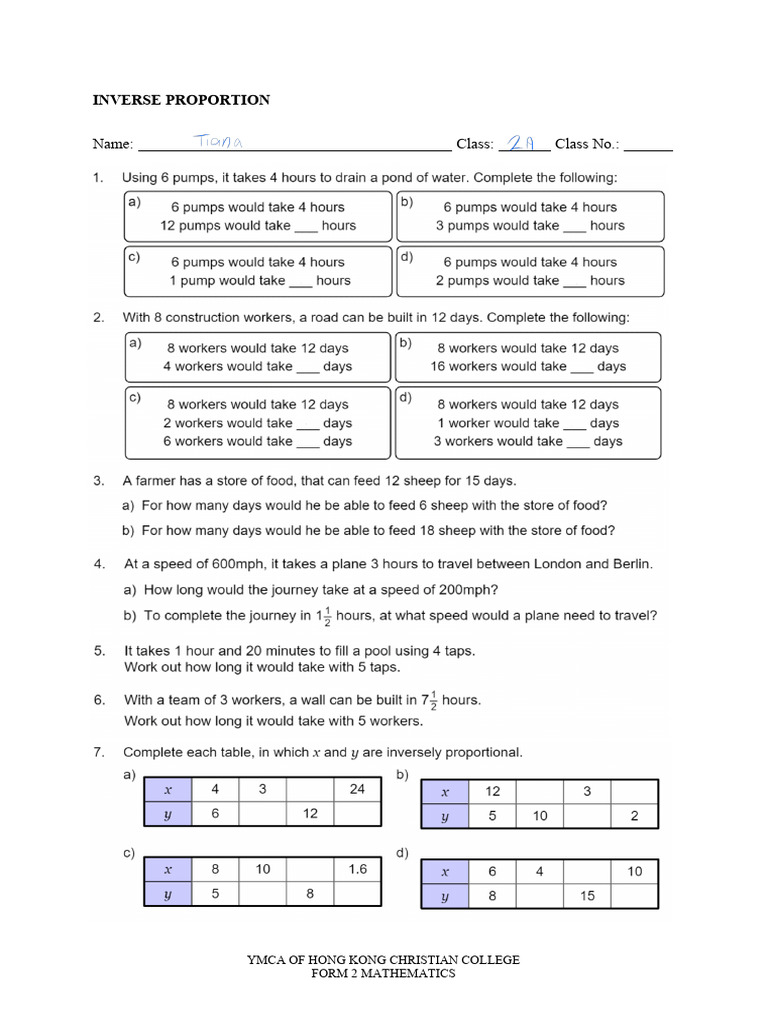 Inverse Proportion Worksheet | PDF