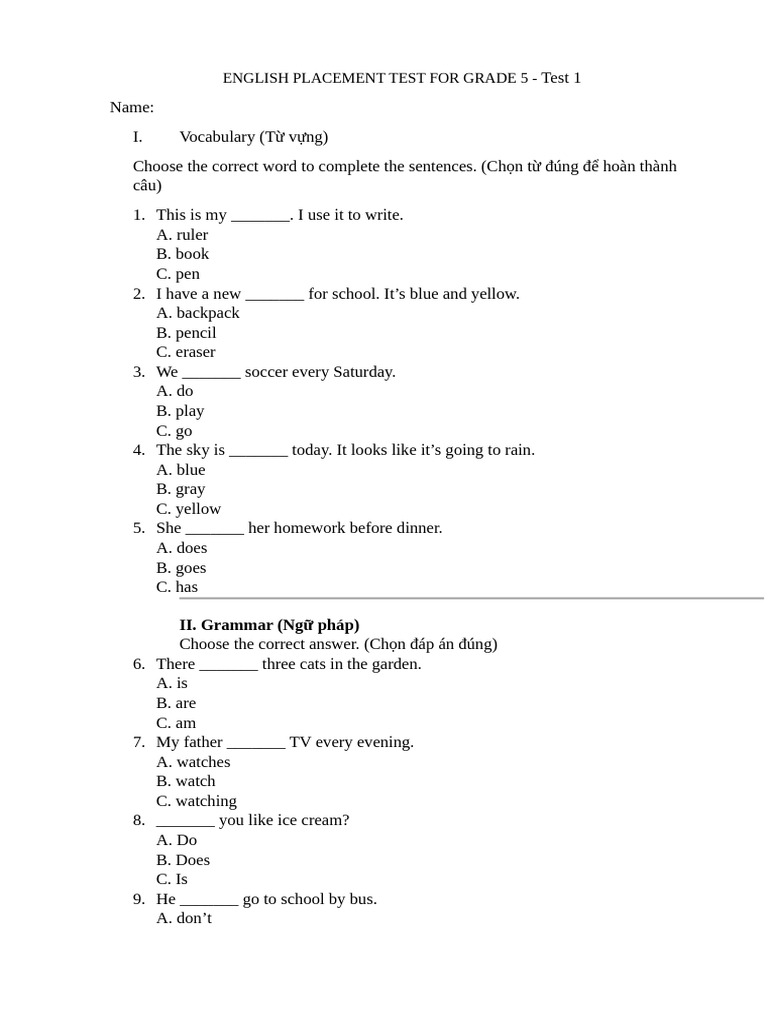 Grade 5 English Placement Test | PDF