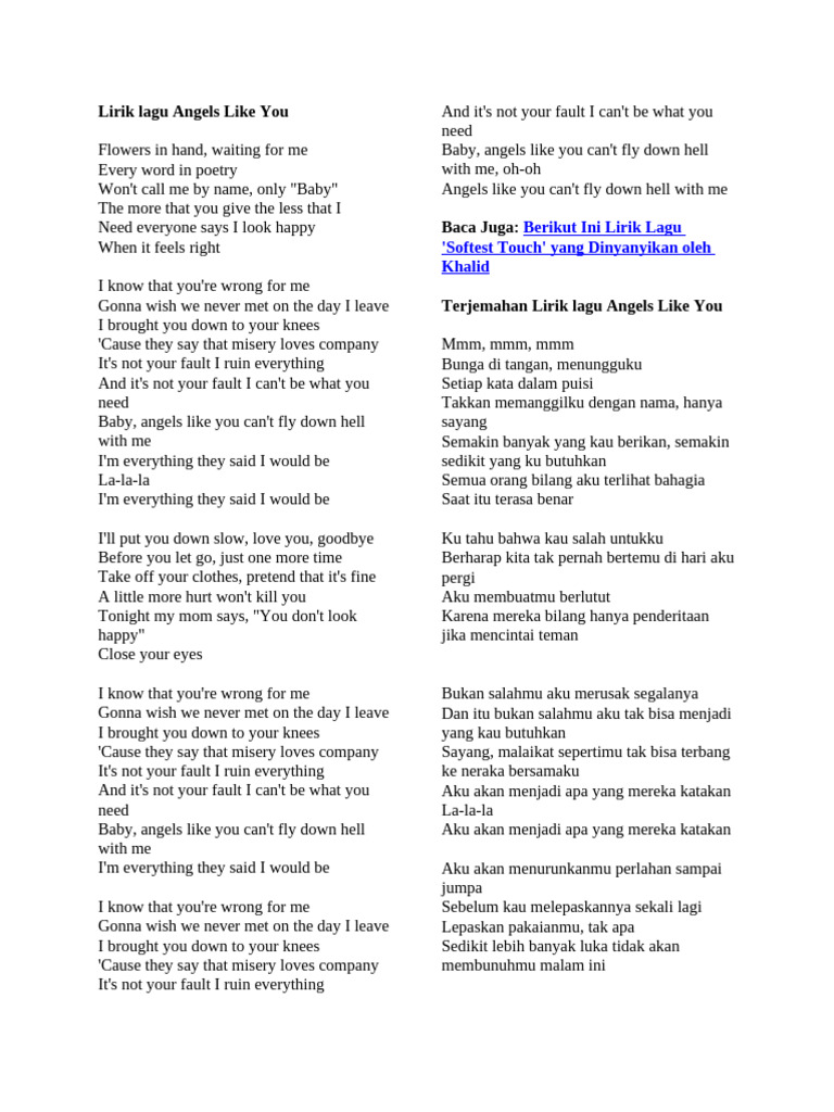 Lirik Lagu Angels Like You | PDF