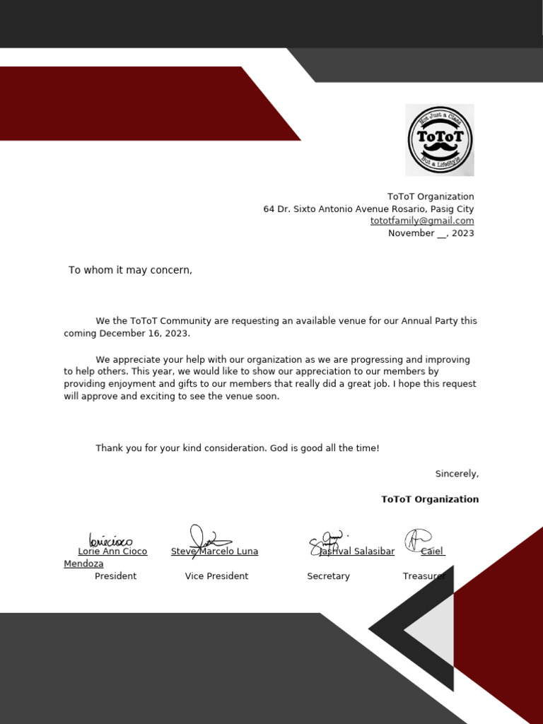 TOTOT LETTER Venue | PDF