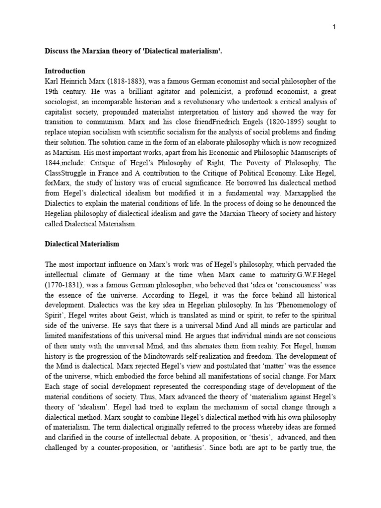 Discuss The Marxian Theory of 'Dialectical Materialism' | PDF ...