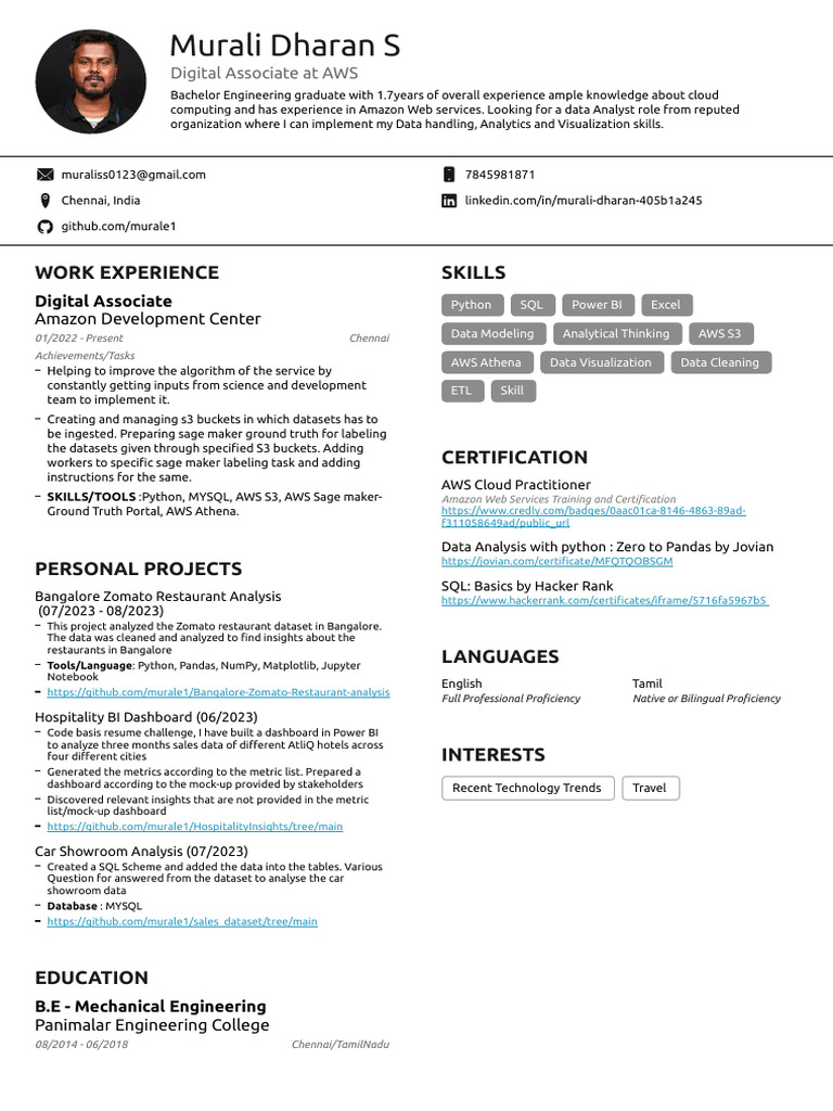 Murali's Data Anlayst Resume | PDF | Amazon Web Services | Data