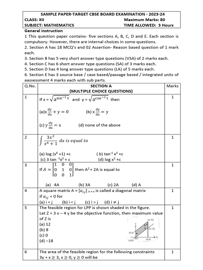 Xii Maths Sample Paper | PDF | Integral | Mathematical Analysis