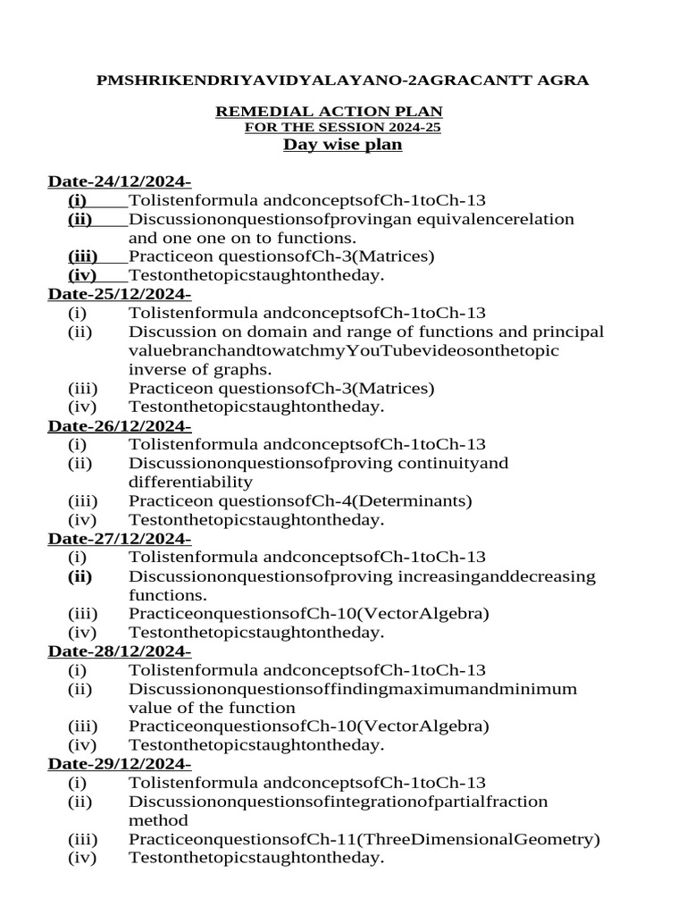 Remedial Action 2024-25 Day Wise Plan | PDF | Function (Mathematics) | Matrix (Mathematics)