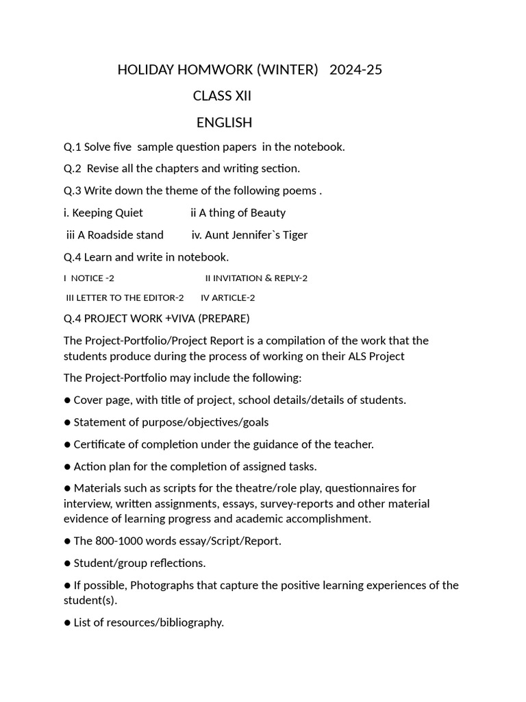 Holiday Homwork Winter 2024-25 | PDF