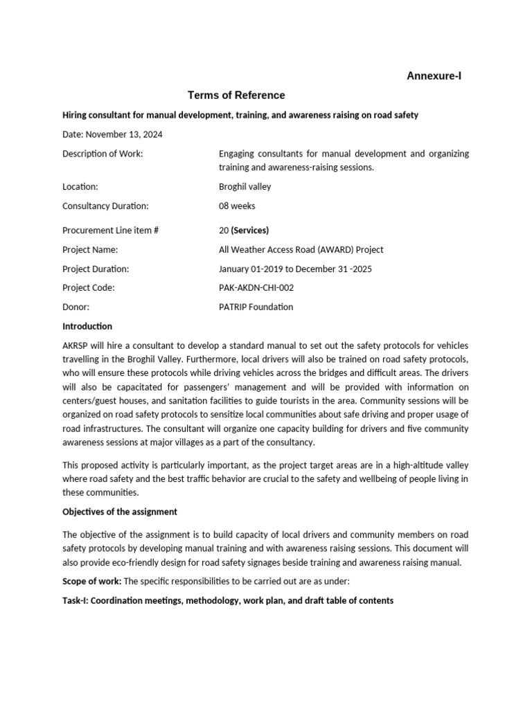 TORs Hiring Consultant For Manual Development Training and Awareness Raising On Road Safety - SK ...