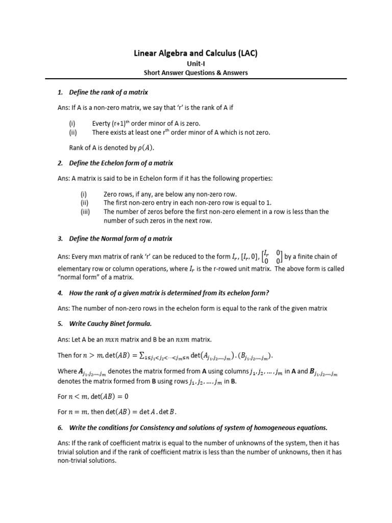 UNIT-1, LAC | PDF | Matrix (Mathematics) | Matrix Theory
