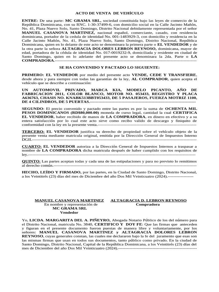Acta de Venta de Vehículo 2024 | PDF