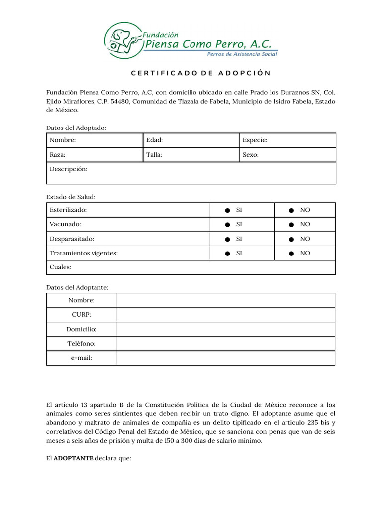 Certificado Adopción para perro | PDF | Adopción