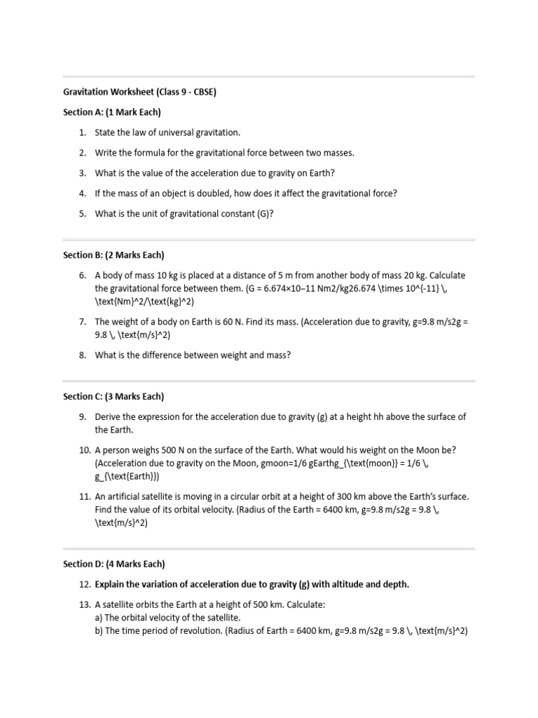 Gravitation Worksheet (Class 9 - CBSE) | PDF