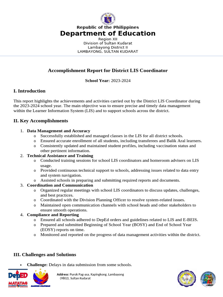 Accomplishment Report On District Lis | PDF | Information And ...