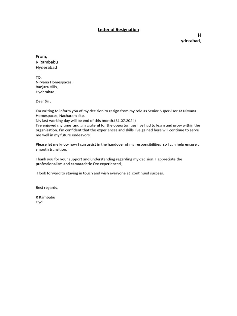 Resignation Letter from Senior Supervisor | PDF