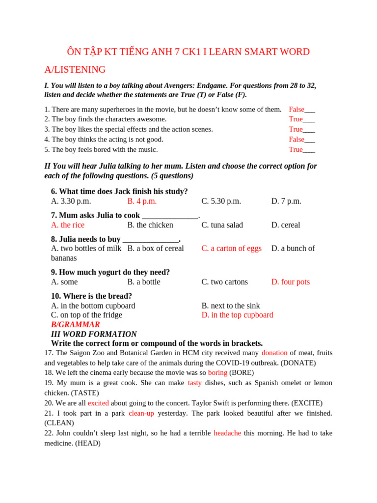 Ôn Tập Kt Tiếng Anh 7 Ck1 i Learn Smart Word | PDF | Foods