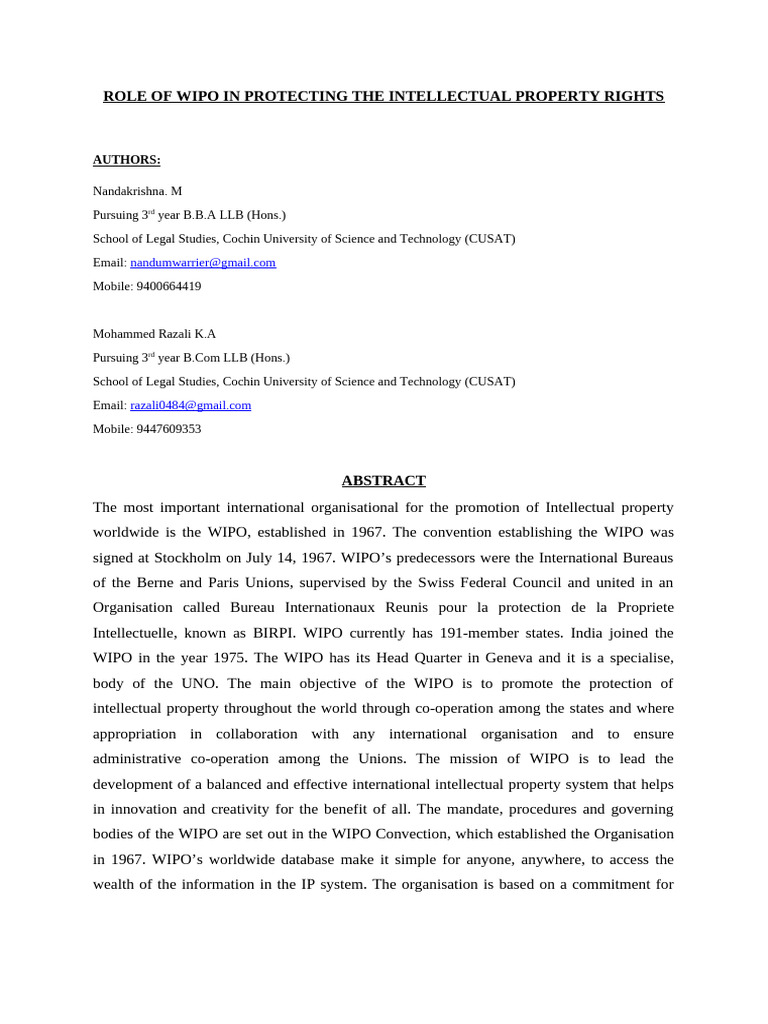 Role of WIPO in Protecting The IPR | PDF | World Intellectual Property ...