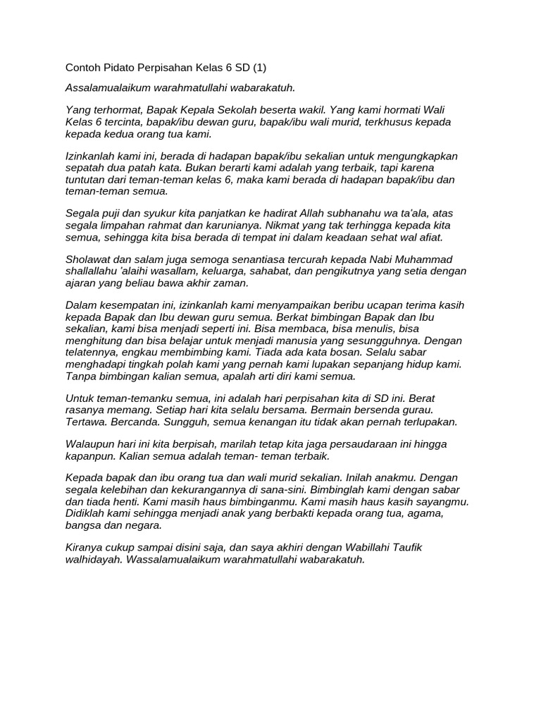 Pidato Perpisahan Kelas 6 SD | PDF