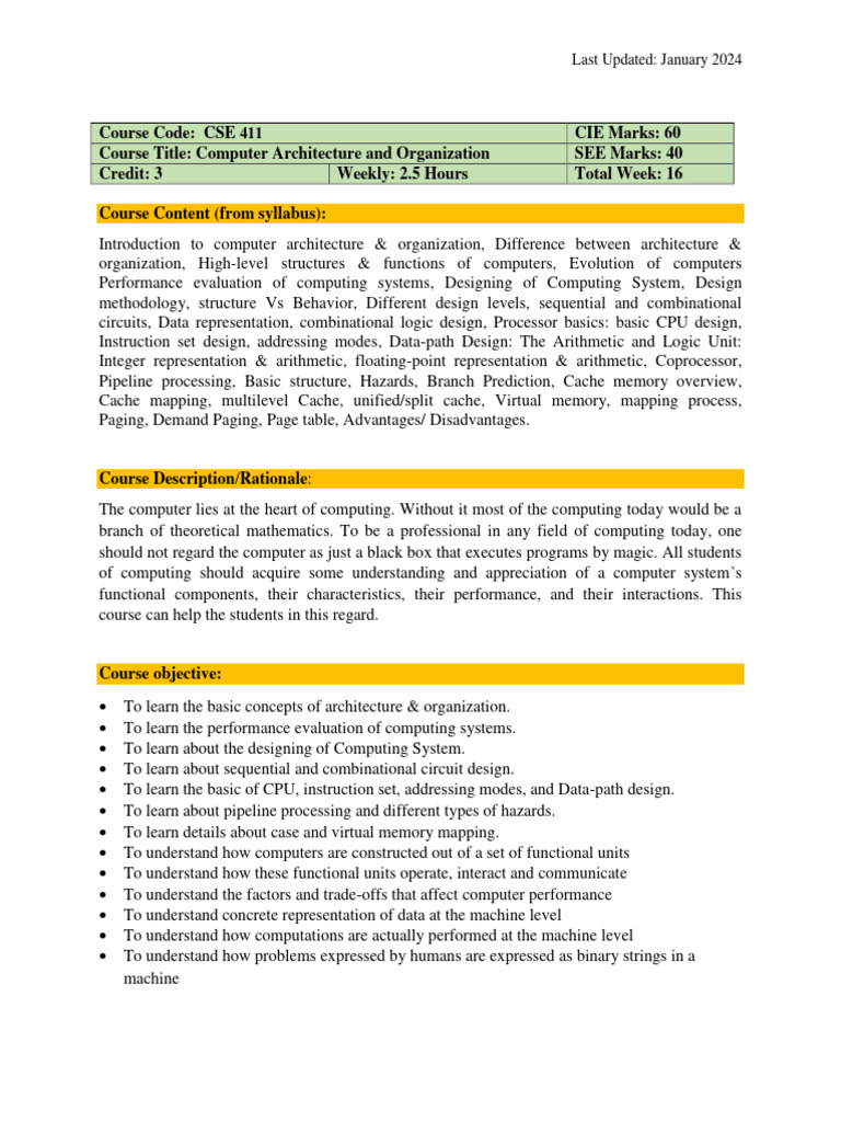 CSE411 - Updated Course Outline - With Explaination | PDF | Central ...