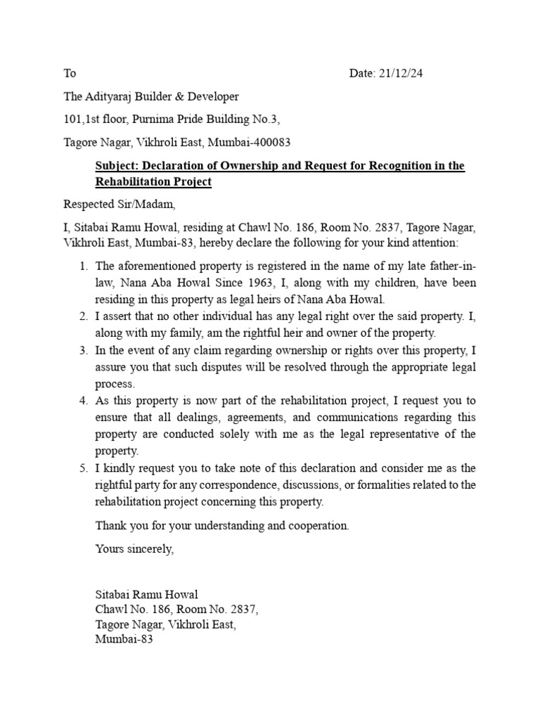 Sitabai Howal Letteer To Adityaraj Builders | PDF