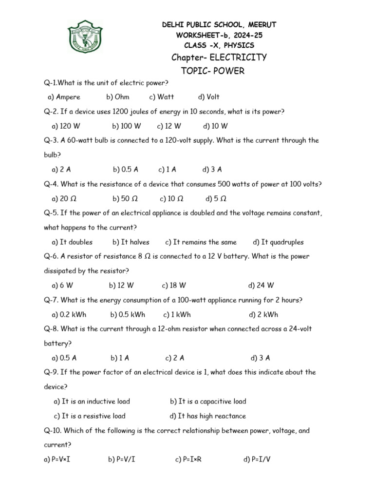 Worksheet Power MCQ | PDF