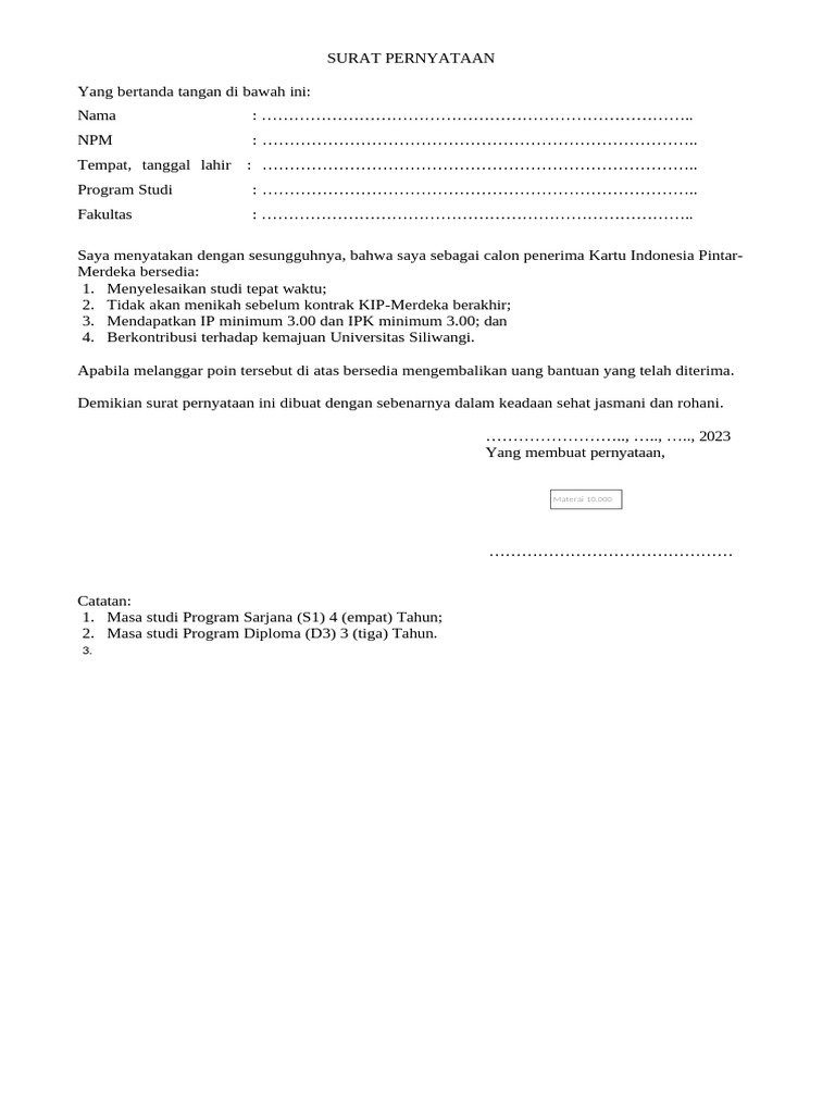 Surat Pernyataan Kip Merdeka | PDF