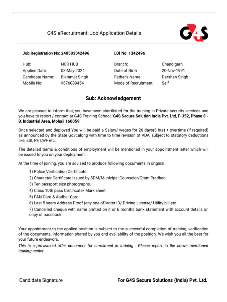 G4S Erecruitment: Job Application Details: Sub: Acknowledgement | PDF