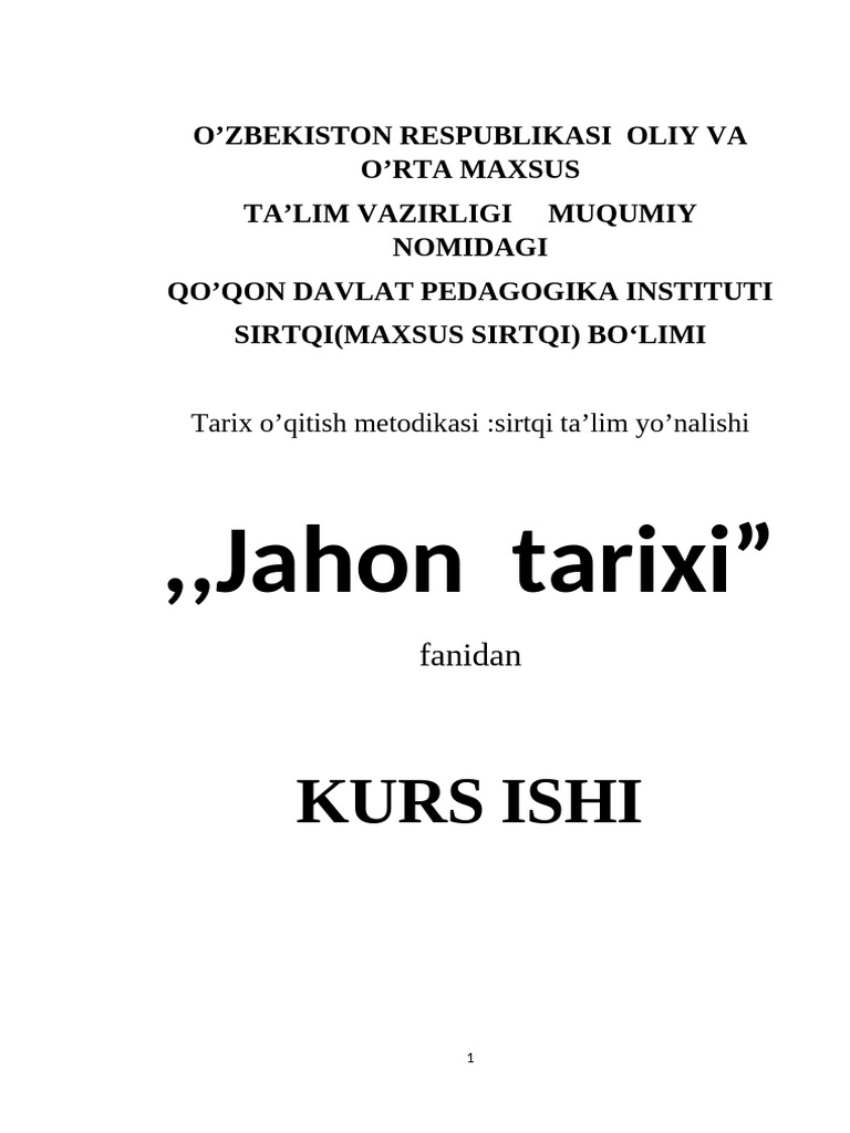 Jahon Tarixi" Fanidan Kurs Ishi | PDF