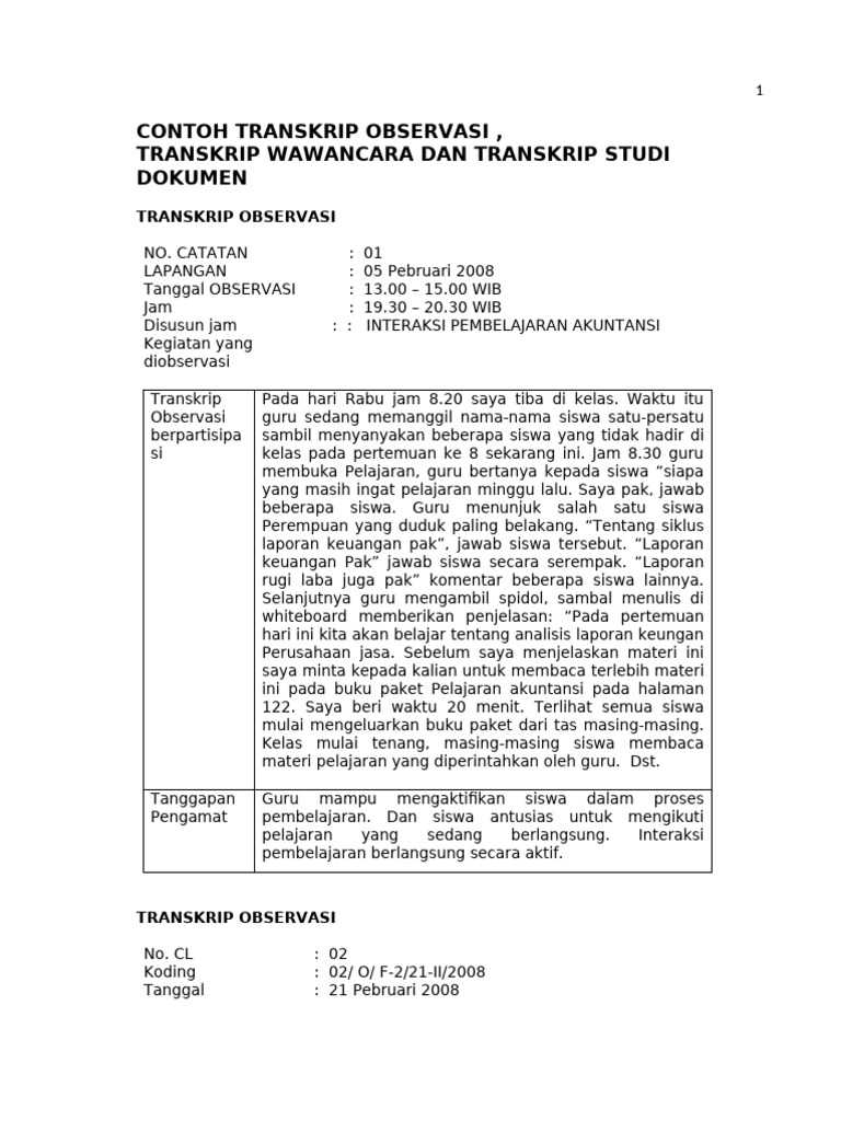 0kuliah 6 Contoh Transkrip Ob & Wawcara | PDF