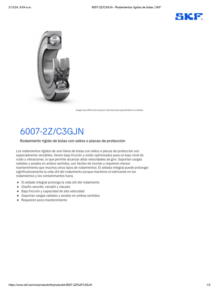 6007-2Z - C3GJN - Rodamientos Rígidos de Bolas - SKF | PDF