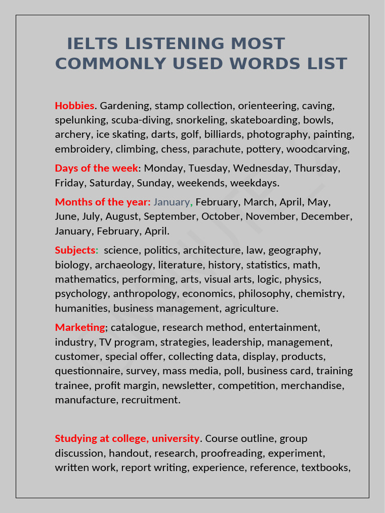 Ielts Listening Most Common Words | PDF