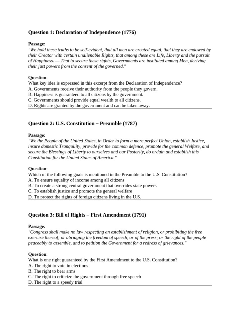 Historical Documents Practic Questions | PDF | Second Amendment To The ...