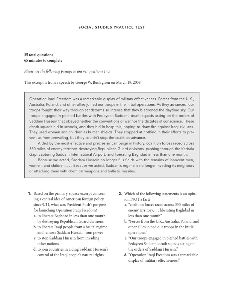 Social Studies Practice Test | PDF | Iraq War | Saddam Hussein