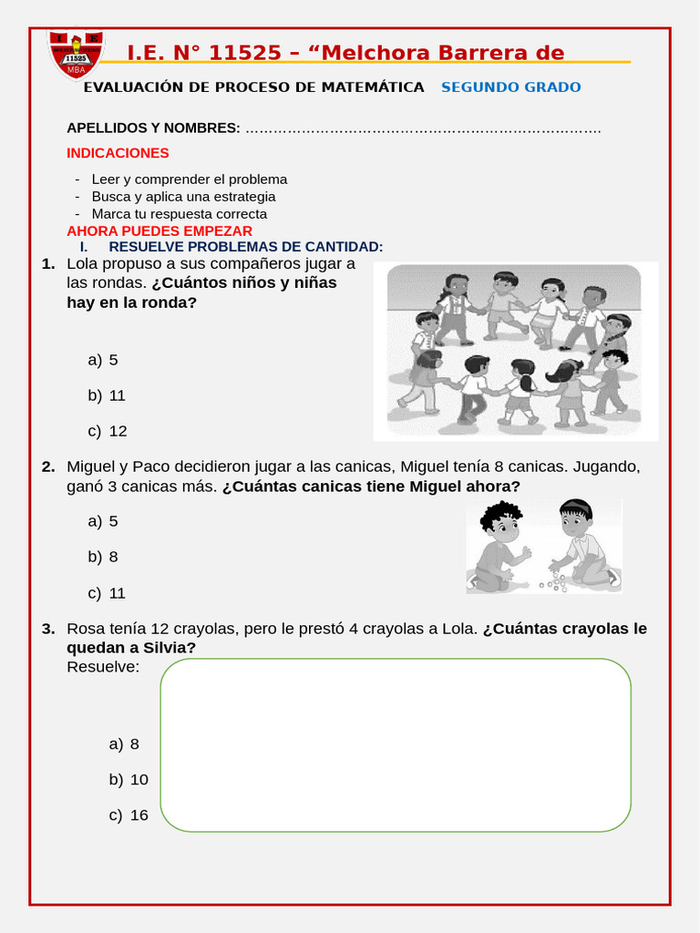 02 Eval Res Problemas 2do Grado | PDF