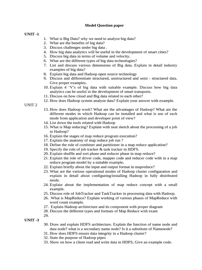Model Question Paper - Big Data - 2024-25 - Kca022 | PDF | Apache Hadoop | Map Reduce