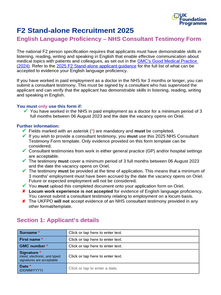 F2 Stand Alone 2025 NHS Consultant Testimony Form | PDF | National ...