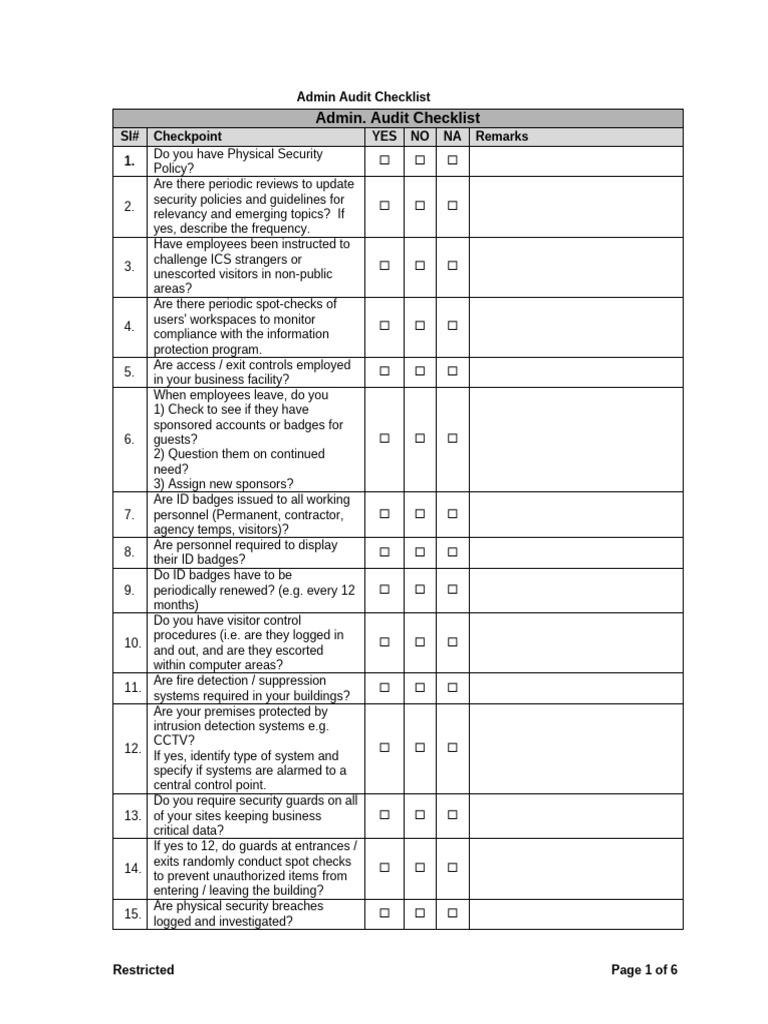 Admin Audit Checklist | PDF | Occupational Safety And Health | Physical ...