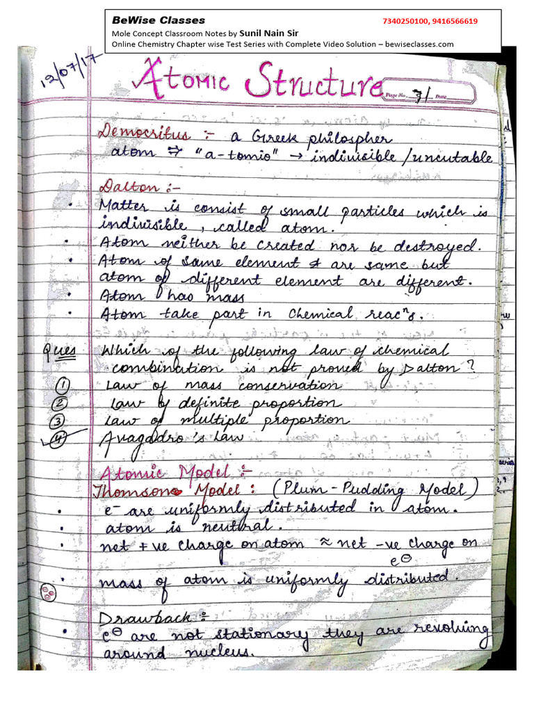 Physics Wallah Atomic Structure | PDF