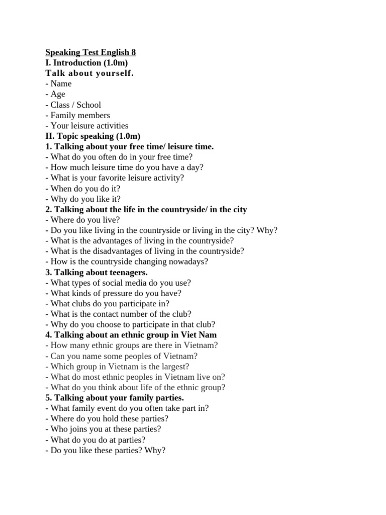 Speaking Test English 8 | PDF