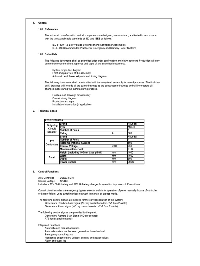 Hyundai 600A ATS Technical Specifications | PDF | Electronics ...