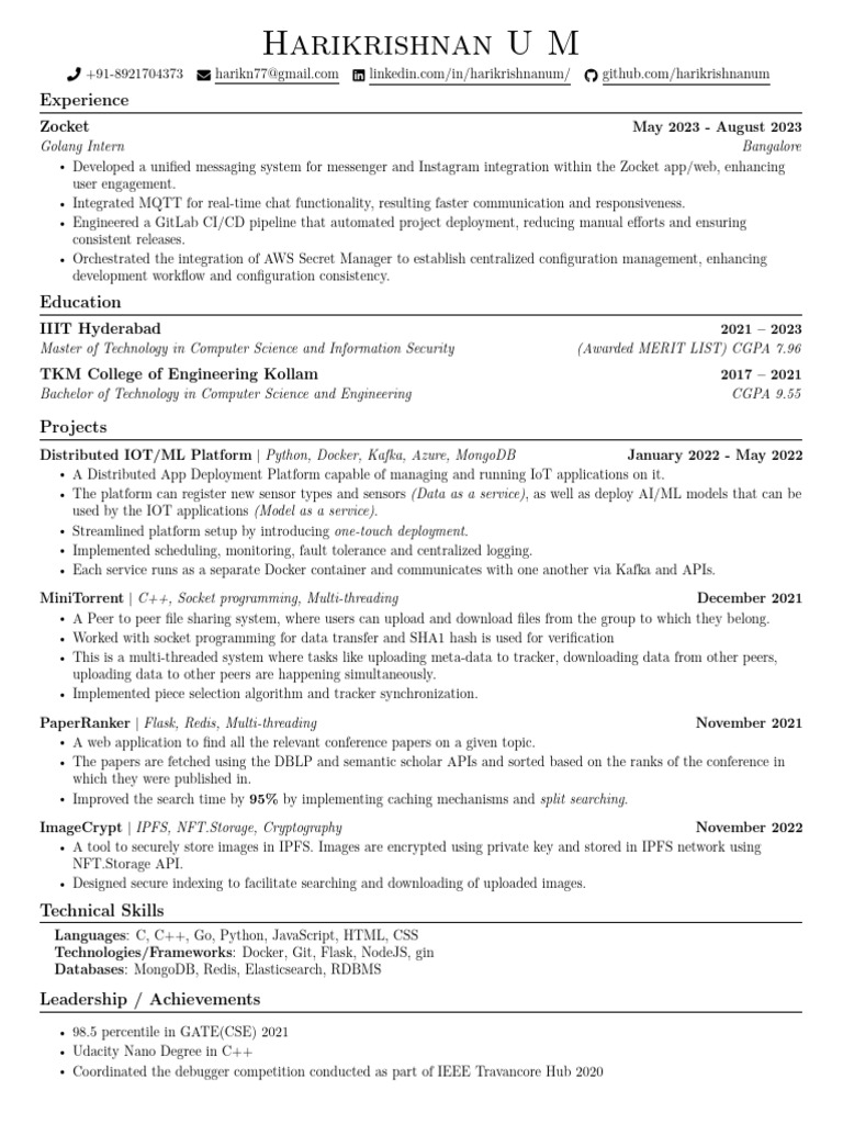 Golang Intern Resume and Projects | PDF | Internet Of Things | Thread ...