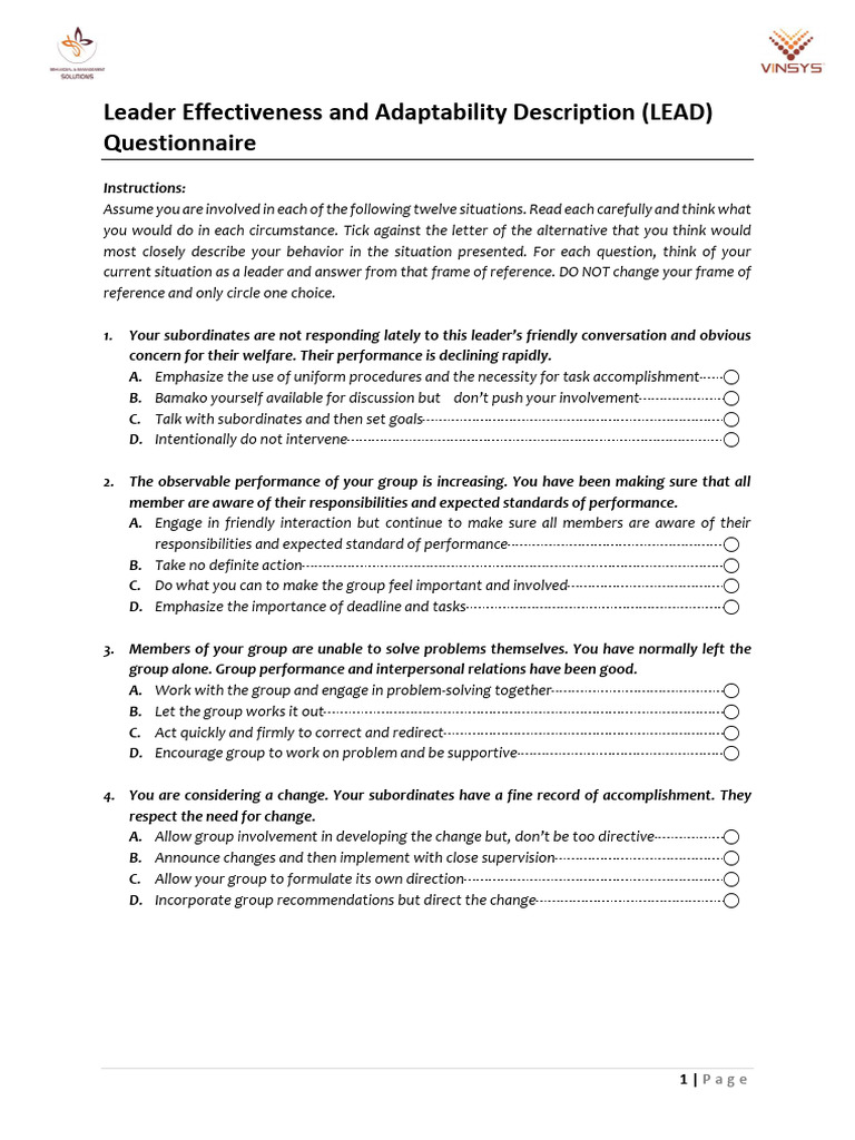 Situational Leadership LEAD Instrument | PDF | Leadership | Cartesian ...