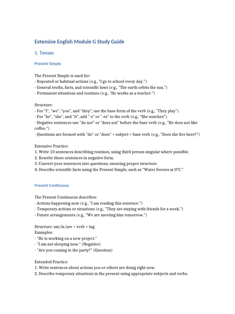 Extensive English Module G Study Guide | PDF | Verb | Linguistic Morphology