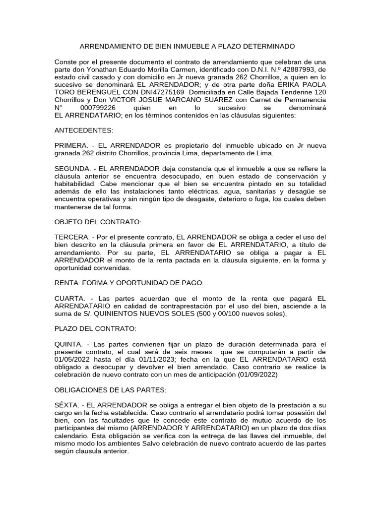 Arrendamiento de Bien Inmueble A Plazo Determinado | PDF