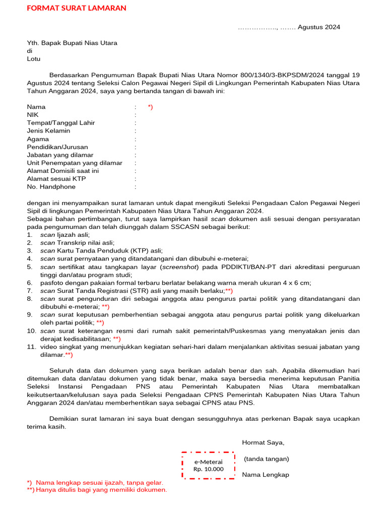 Format Surat Lamaran CPNS 2024 Nias Utara | PDF