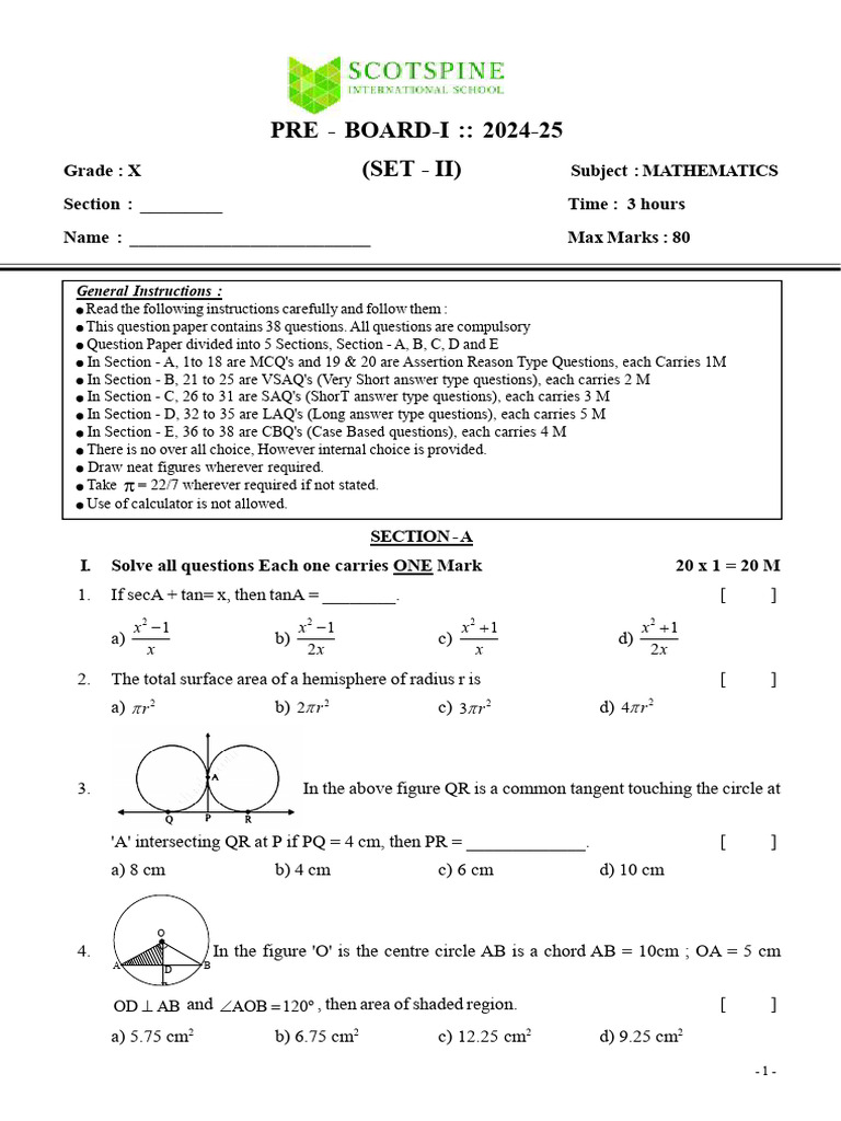 X - CBSE - Mathematics Pre - Board Paper (Set - II) | PDF | Sphere | Area
