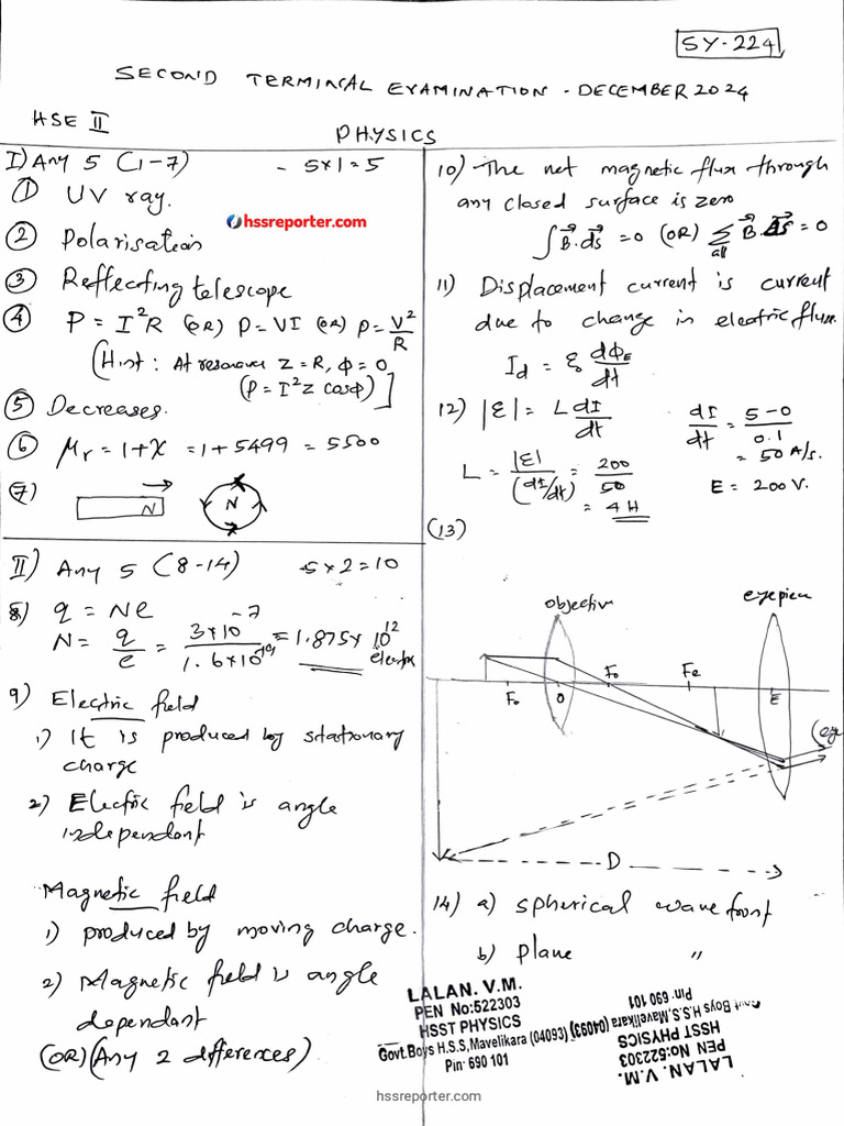 Answekey - +2 Phy - Term2 2024 Lalan - Hssreporter - Com | PDF