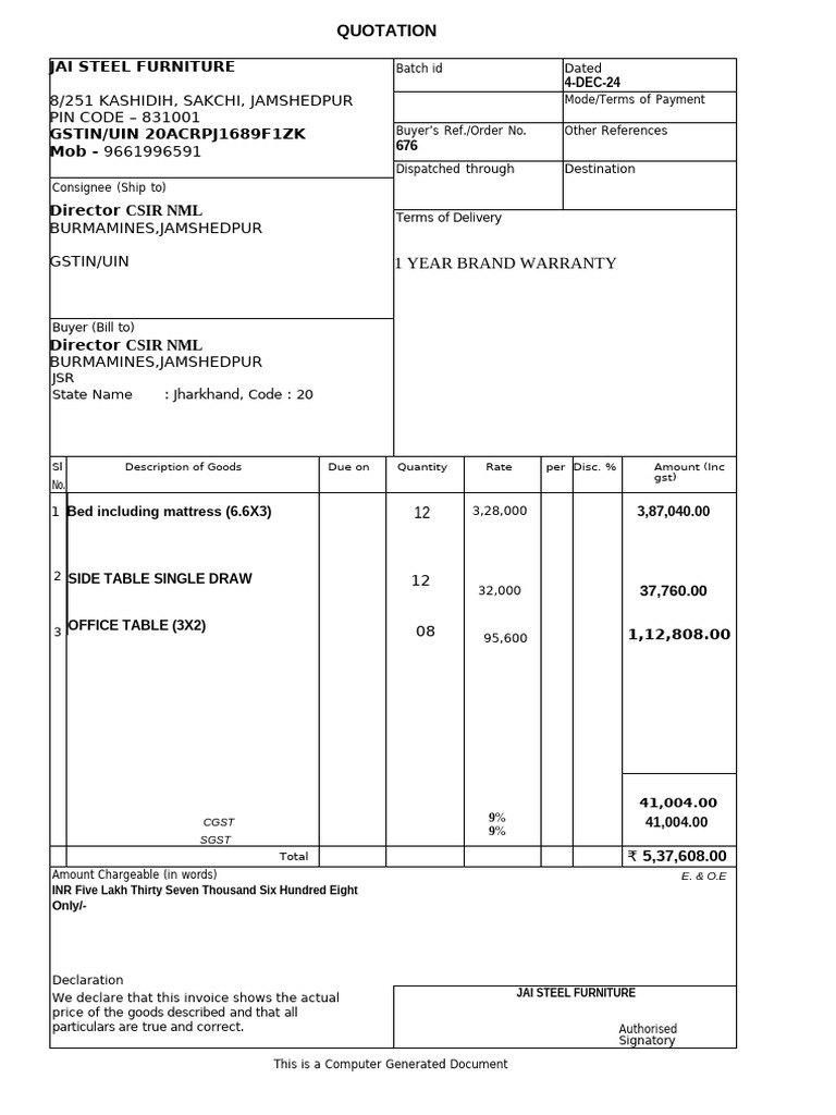 Quotation 1 (1) | PDF | Taxes | Economy Of India