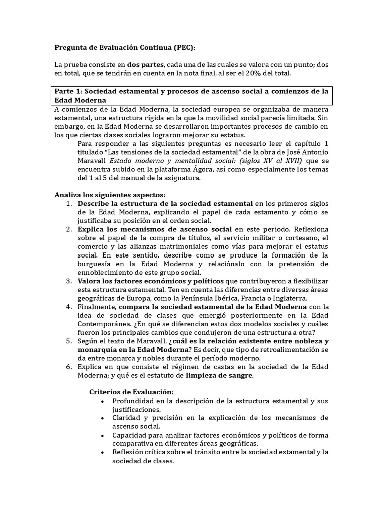 Pregunta de Evaluación (PEC-Curso 2024-25) | PDF | Período moderno temprano | Sociedad