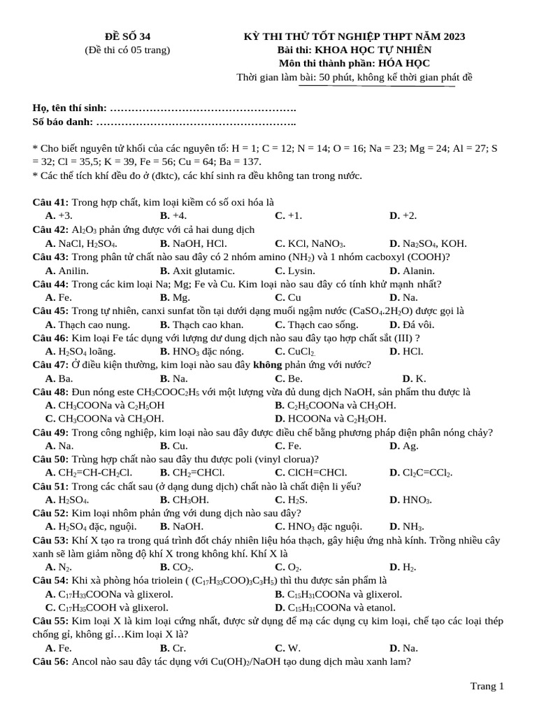 34. ĐỀ VIP 34 - Soạn Chuẩn Cấu Trúc Minh Họa BGD Năm 2023 - Môn HÓA HỌC - Bản Word Có Giải- K18 ...