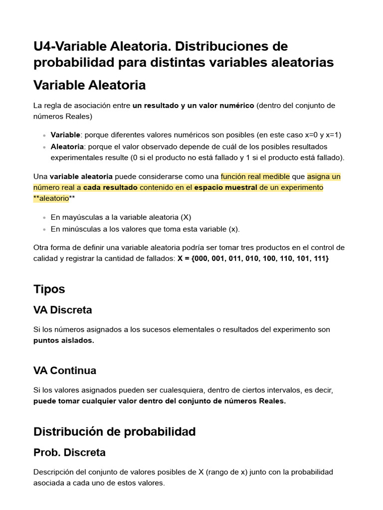 U4-Variable Aleatoria. Distribuciones de probabilidad para distintas variables aleatorias | PDF ...